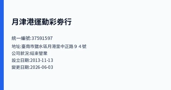 月津港運動彩劵行的照片-統編 37591597(臺南市) 公司登記資料與營業項目詳細圖表