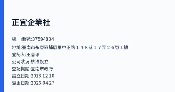 正宜企業社的照片-統編 37594834(臺南市) 公司登記資料與營業項目詳細圖表