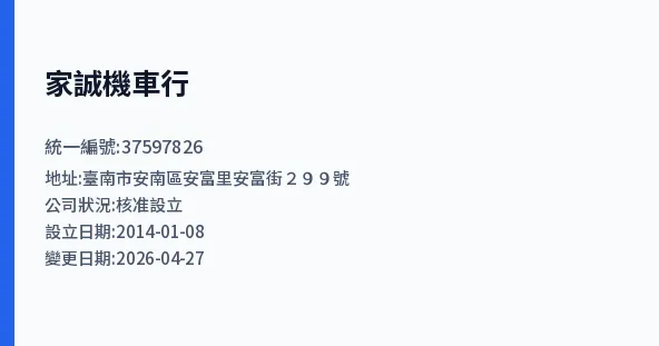 家誠機車行的照片-統編 37597826(臺南市) 公司登記資料與營業項目詳細圖表