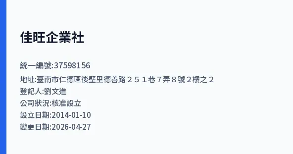 佳旺企業社的照片-統編 37598156(臺南市) 公司登記資料與營業項目詳細圖表
