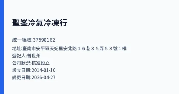 聖峯冷氣冷凍行的照片-統編 37598162(臺南市) 公司登記資料與營業項目詳細圖表