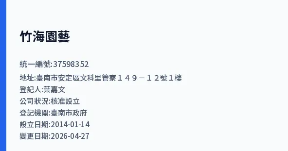 竹海園藝的照片-統編 37598352(臺南市) 公司登記資料與營業項目詳細圖表