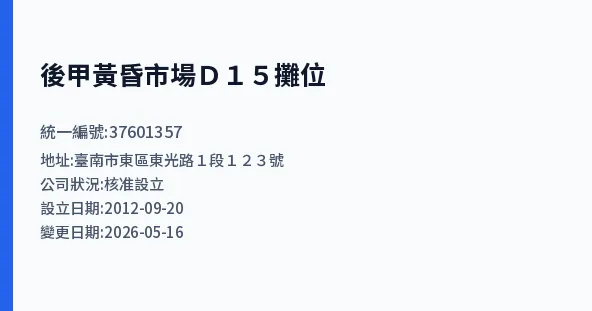 後甲黃昏市場D15攤位的照片-統編 37601357(臺南市) 公司登記資料與營業項目詳細圖表