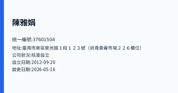 陳雅娟的照片-統編 37601504(臺南市) 公司登記資料與營業項目詳細圖表