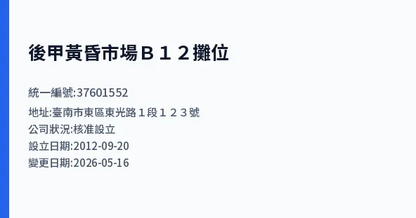 後甲黃昏市場B12攤位的照片-統編 37601552(臺南市) 公司登記資料與營業項目詳細圖表