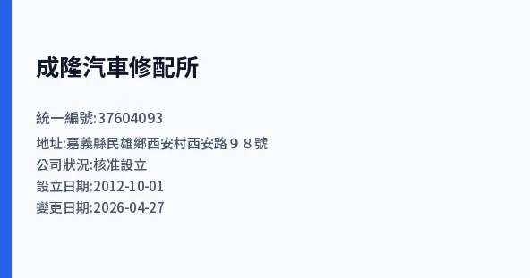 成隆汽車修配所的照片-統編 37604093(嘉義縣) 公司登記資料與營業項目詳細圖表