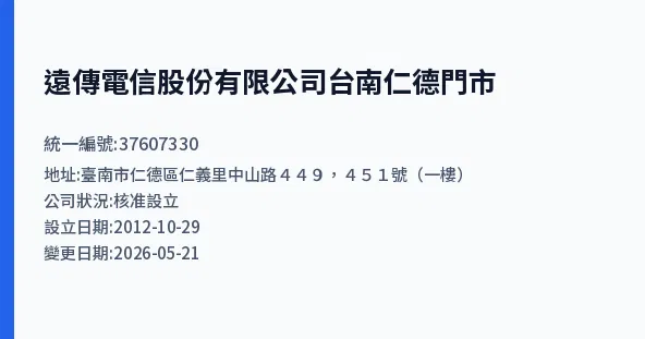遠傳電信股份有限公司台南仁德門市的照片-統編 37607330(臺南市) 公司登記資料與營業項目詳細圖表