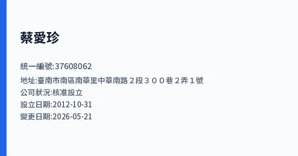蔡愛珍的照片-統編 37608062(臺南市) 公司登記資料與營業項目詳細圖表