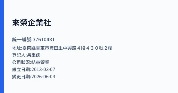 來榮企業社的照片-統編 37610481(臺東縣) 公司登記資料與營業項目詳細圖表