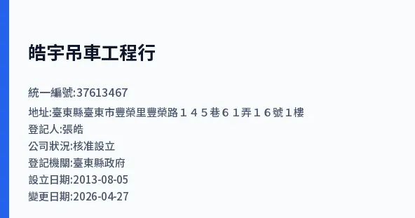 皓宇吊車工程行的照片-統編 37613467(臺東縣) 公司登記資料與營業項目詳細圖表