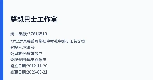 夢想巴士工作室的照片-統編 37616513(屏東縣) 公司登記資料與營業項目詳細圖表