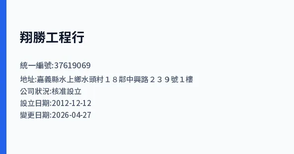 翔勝工程行的照片-統編 37619069(嘉義縣) 公司登記資料與營業項目詳細圖表