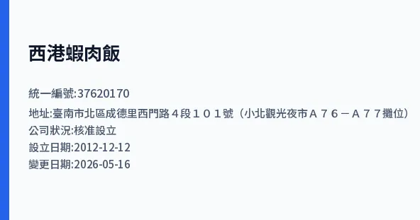 西港蝦肉飯的照片-統編 37620170(臺南市) 公司登記資料與營業項目詳細圖表
