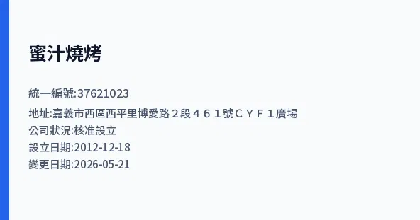 蜜汁燒烤的照片-統編 37621023(嘉義市) 公司登記資料與營業項目詳細圖表