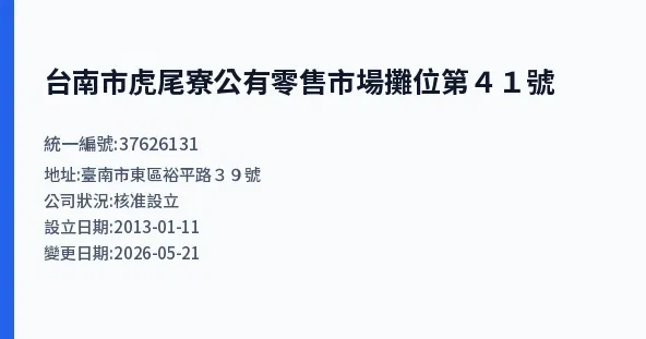 台南市虎尾寮公有零售市場攤位第41號的照片-統編 37626131(臺南市) 公司登記資料與營業項目詳細圖表