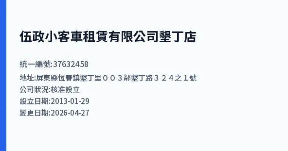 伍政小客車租賃有限公司墾丁店的照片-統編 37632458(屏東縣) 公司登記資料與營業項目詳細圖表