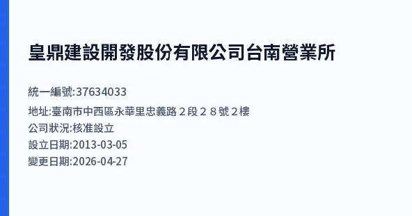 皇鼎建設開發股份有限公司台南營業所的照片-統編 37634033(臺南市) 公司登記資料與營業項目詳細圖表