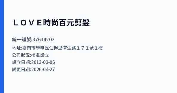 LOVE時尚百元剪髮的照片-統編 37634202(臺南市) 公司登記資料與營業項目詳細圖表