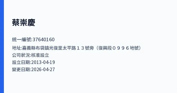 蔡崇慶的照片-統編 37640160(嘉義縣) 公司登記資料與營業項目詳細圖表