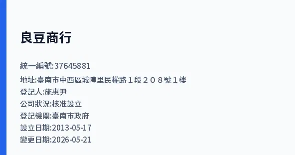 良豆商行的照片-統編 37645881(臺南市) 公司登記資料與營業項目詳細圖表