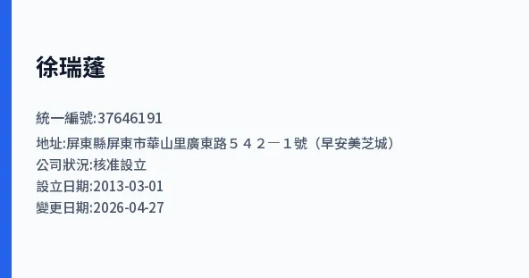 徐瑞蓬的照片-統編 37646191(屏東縣) 公司登記資料與營業項目詳細圖表