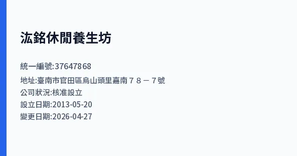 汯銘休閒養生坊的照片-統編 37647868(臺南市) 公司登記資料與營業項目詳細圖表