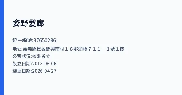 姿野髮廊的照片-統編 37650286(嘉義縣) 公司登記資料與營業項目詳細圖表