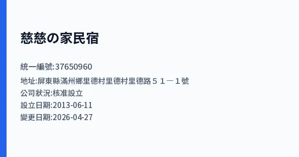 慈慈の家民宿的照片-統編 37650960(屏東縣) 公司登記資料與營業項目詳細圖表