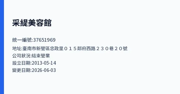 采緹美容館的照片-統編 37651969(臺南市) 公司登記資料與營業項目詳細圖表