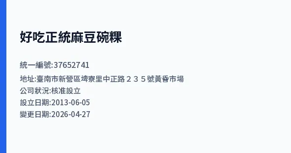 好吃正統麻豆碗粿的照片-統編 37652741(臺南市) 公司登記資料與營業項目詳細圖表
