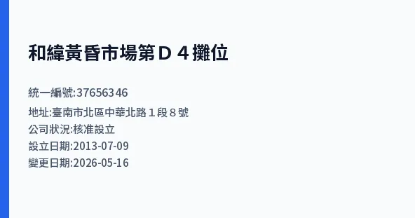 和緯黃昏市場第D4攤位的照片-統編 37656346(臺南市) 公司登記資料與營業項目詳細圖表