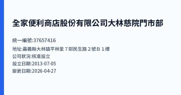 全家便利商店股份有限公司大林慈院門市部的照片-統編 37657416(嘉義縣) 公司登記資料與營業項目詳細圖表