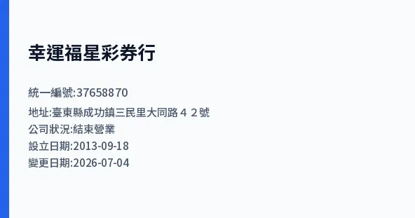 幸運福星彩券行的照片-統編 37658870(臺東縣) 公司登記資料與營業項目詳細圖表