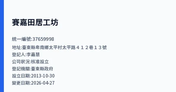 賽嘉田居工坊的照片-統編 37659998(臺東縣) 公司登記資料與營業項目詳細圖表