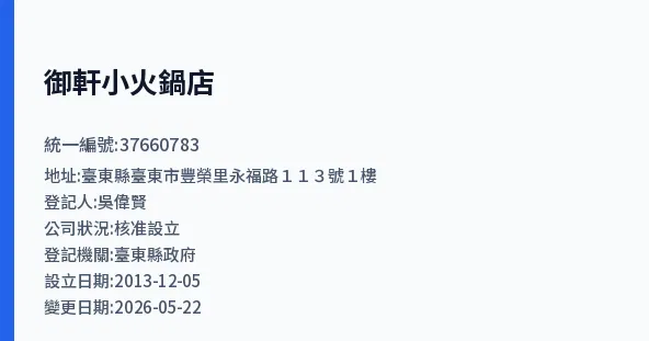 御軒小火鍋店的照片-統編 37660783(臺東縣) 公司登記資料與營業項目詳細圖表