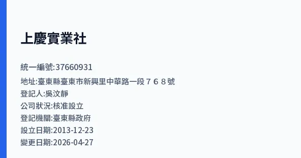 上慶實業社的照片-統編 37660931(臺東縣) 公司登記資料與營業項目詳細圖表