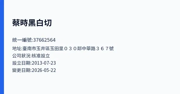 蔡時黑白切的照片-統編 37662564(臺南市) 公司登記資料與營業項目詳細圖表