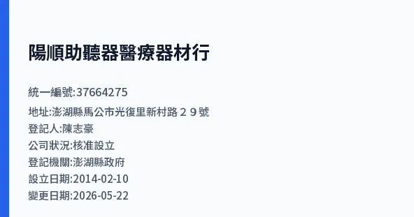 陽順助聽器醫療器材行的照片-統編 37664275(澎湖縣) 公司登記資料與營業項目詳細圖表