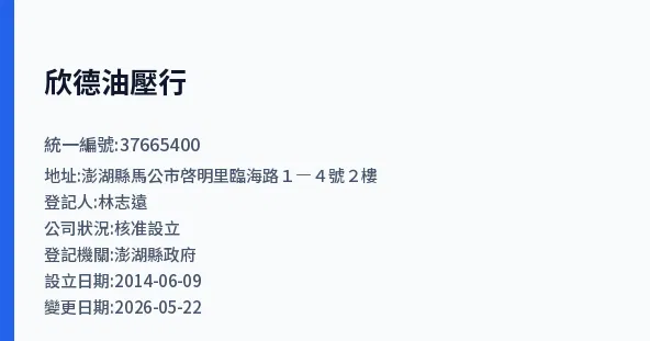 欣德油壓行的照片-統編 37665400(澎湖縣) 公司登記資料與營業項目詳細圖表