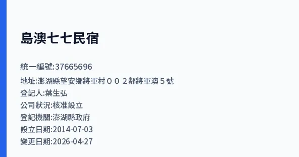 島澳七七民宿的照片-統編 37665696(澎湖縣) 公司登記資料與營業項目詳細圖表