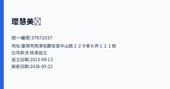 瓔慧美髪的照片-統編 37671037(臺南市) 公司登記資料與營業項目詳細圖表