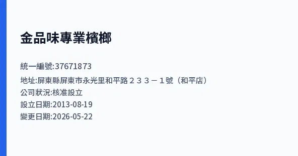 金品味專業檳榔的照片-統編 37671873(屏東縣) 公司登記資料與營業項目詳細圖表