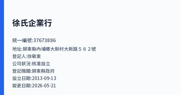 徐氏企業行的照片-統編 37673886(屏東縣) 公司登記資料與營業項目詳細圖表