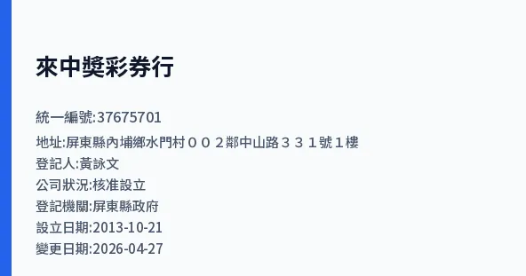 來中奬彩券行的照片-統編 37675701(屏東縣) 公司登記資料與營業項目詳細圖表