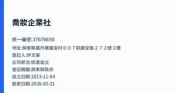 喬妝企業社的照片-統編 37676650(屏東縣) 公司登記資料與營業項目詳細圖表