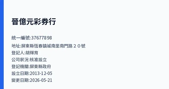 晉億元彩券行的照片-統編 37677898(屏東縣) 公司登記資料與營業項目詳細圖表