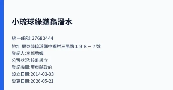 小琉球綠蠵龜潛水的照片-統編 37680444(屏東縣) 公司登記資料與營業項目詳細圖表