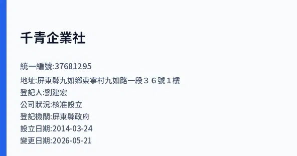 千青企業社的照片-統編 37681295(屏東縣) 公司登記資料與營業項目詳細圖表