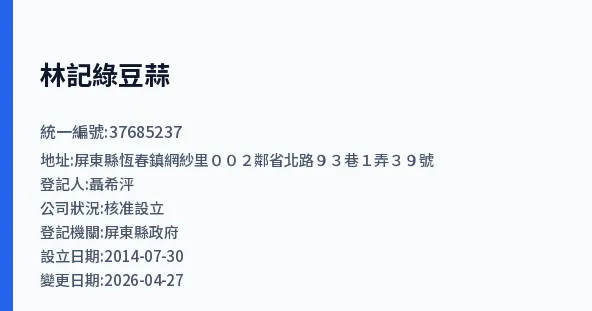 林記綠豆蒜的照片-統編 37685237(屏東縣) 公司登記資料與營業項目詳細圖表