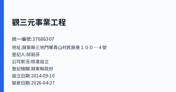 觀三元事業工程的照片-統編 37686307(屏東縣) 公司登記資料與營業項目詳細圖表
